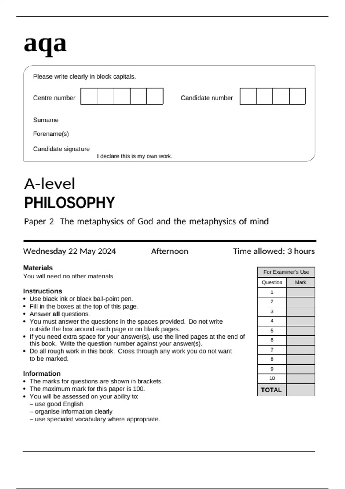 aqa A-level PHILOSOPHY Paper 2 The metaphysics of God and the maqa A ...