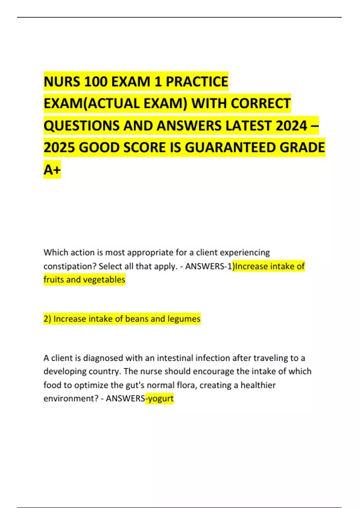NURS 100 EXAM 1 PRACTICE EXAM(ACTUAL EXAM) WITH CORRECT QUESTIONS AND ...
