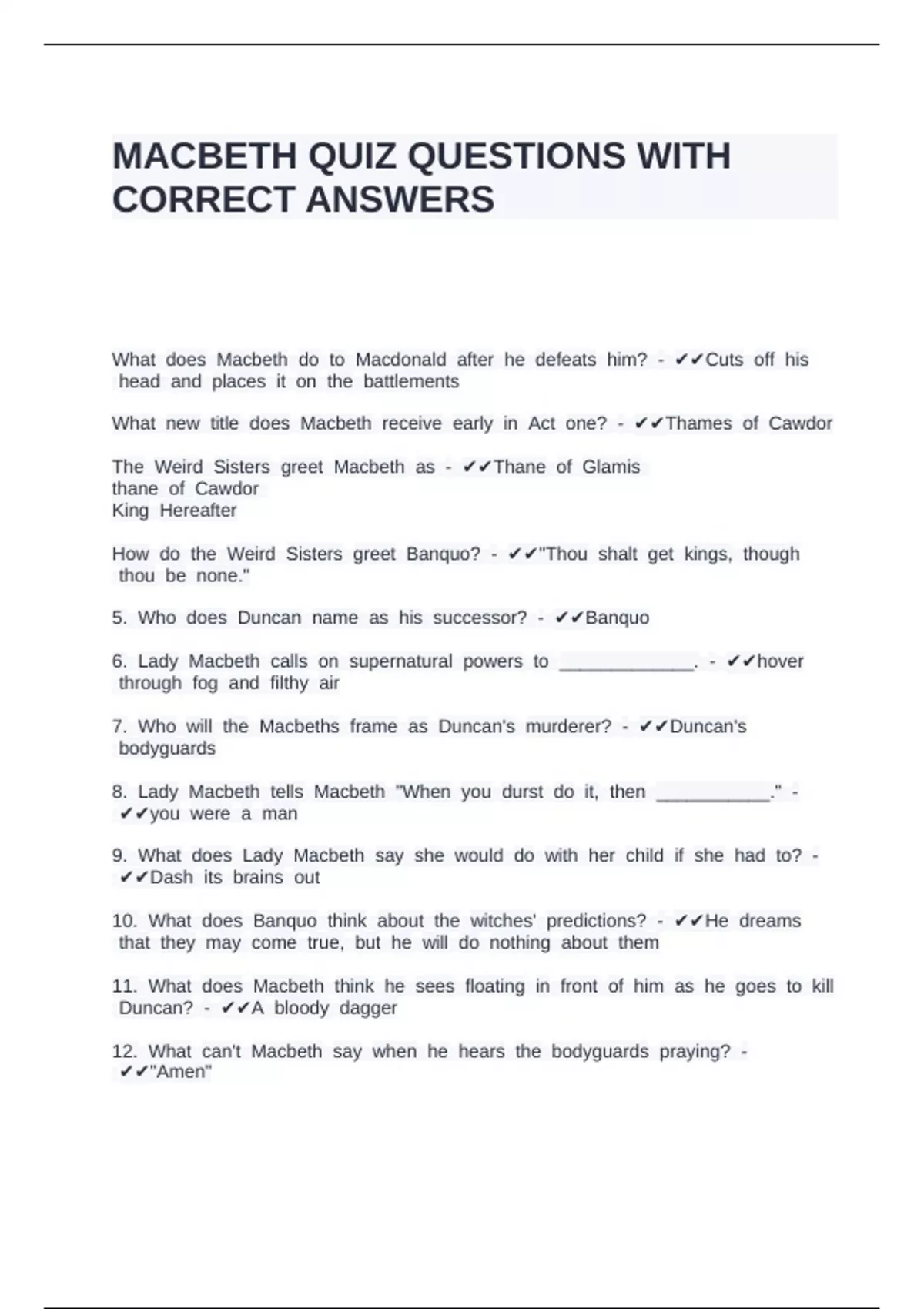 MACBETH QUIZ QUESTIONS WITH CORRECT ANSWERS - DAT - Stuvia US