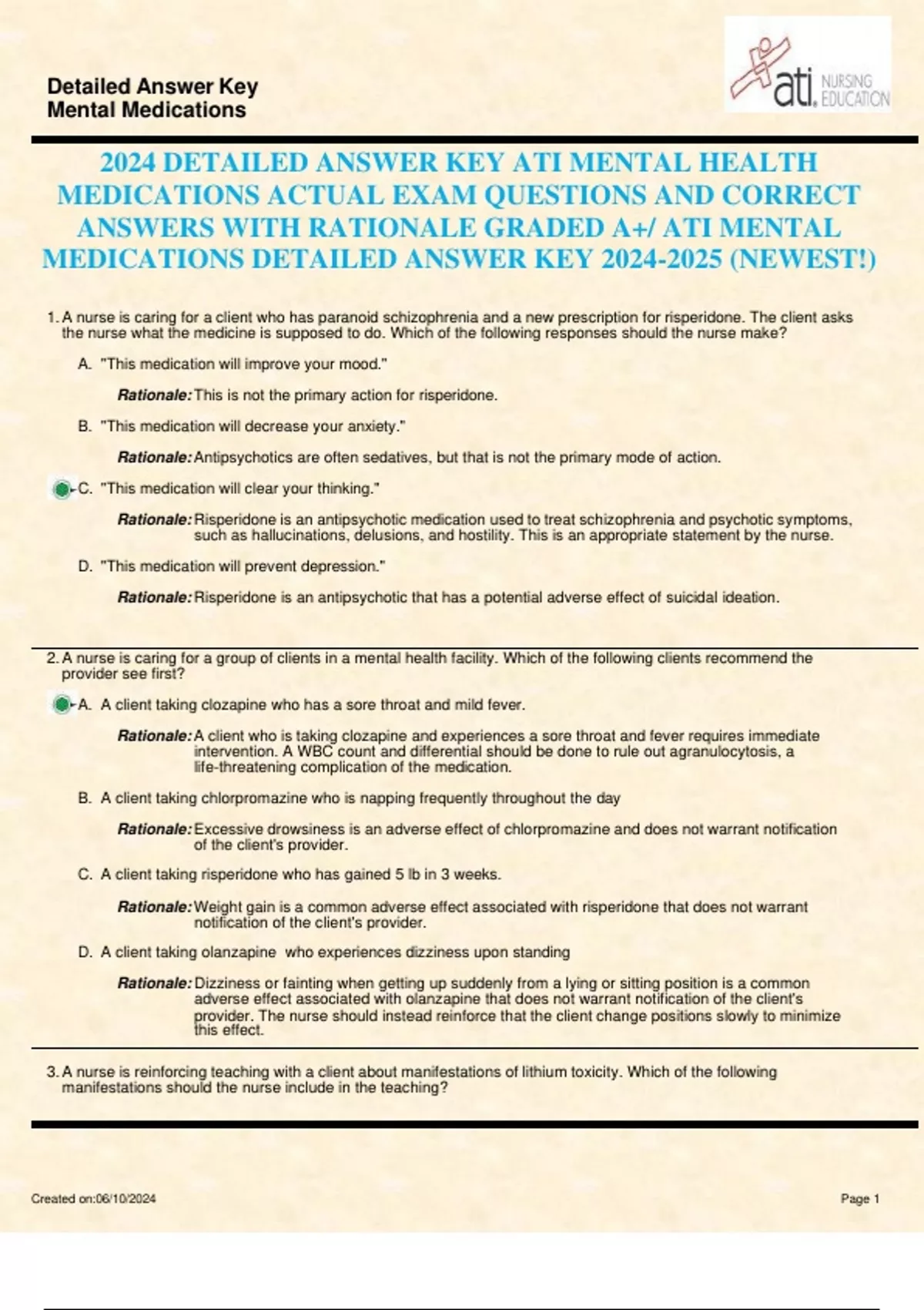 2024 DETAILED ANSWER KEY ATI MENTAL HEALTH MEDICATIONS ACTUAL EXAM ...