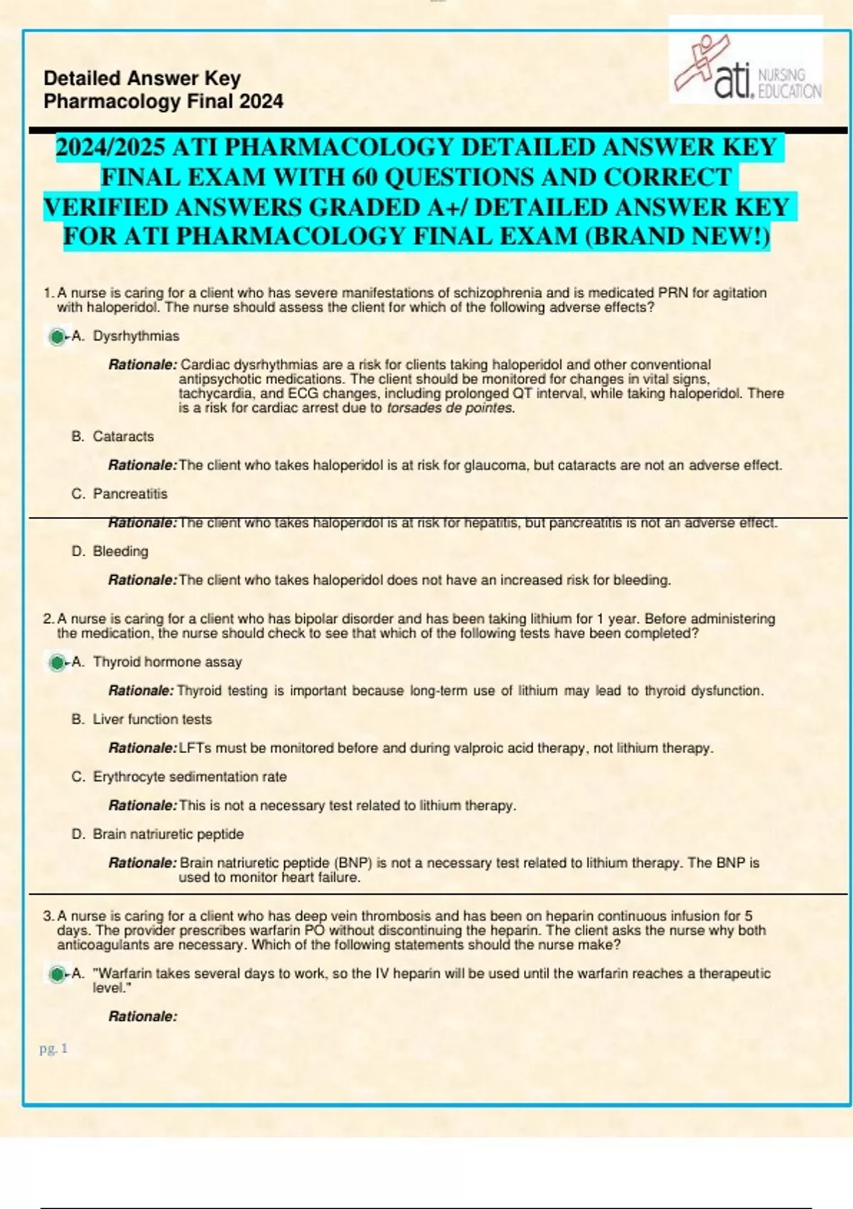 2024/2025 ATI PHARMACOLOGY DETAILED ANSWER KEY FINAL EXAM WITH 60 ...