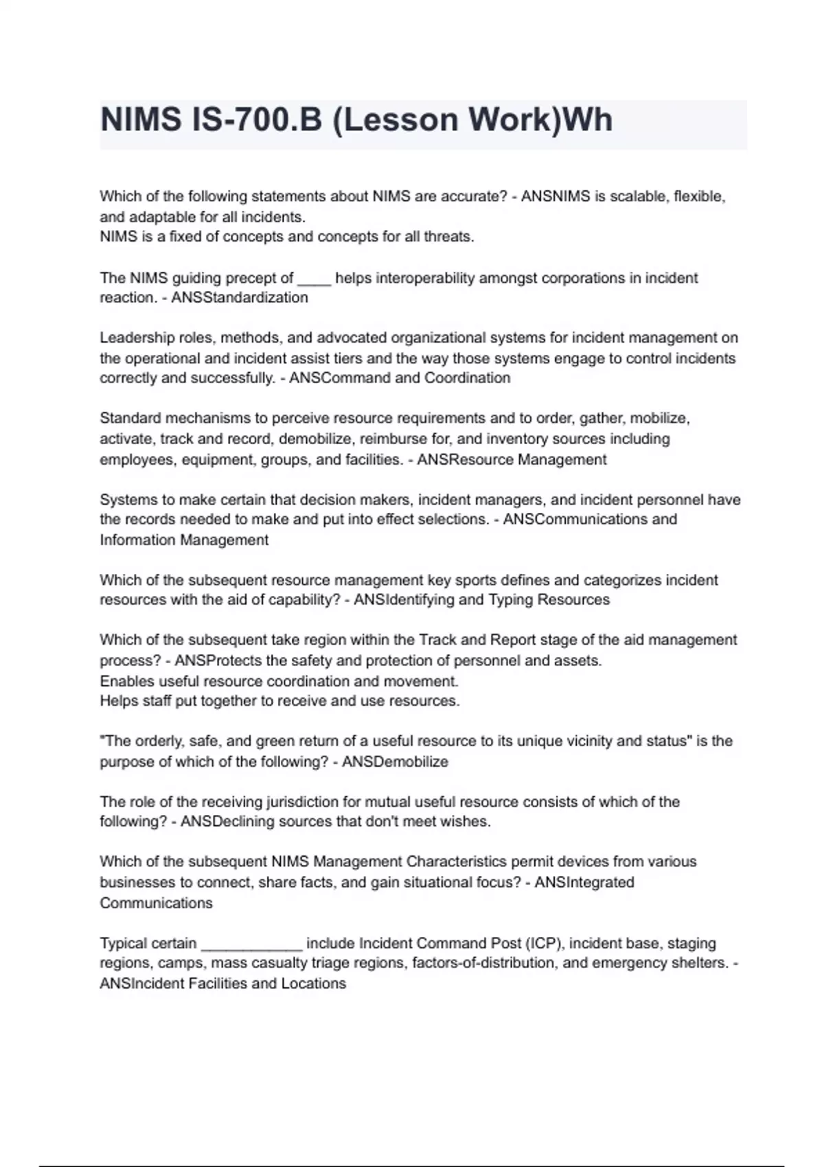 NIMS IS-700.B (Lesson Work)Wh questions with correct answers 2024/2025 ...