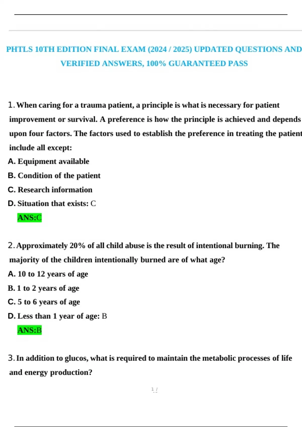 PHTLS 10TH EDITION FINAL EXAM (2024 / 2025) UPDATED QUESTIONS AND ...