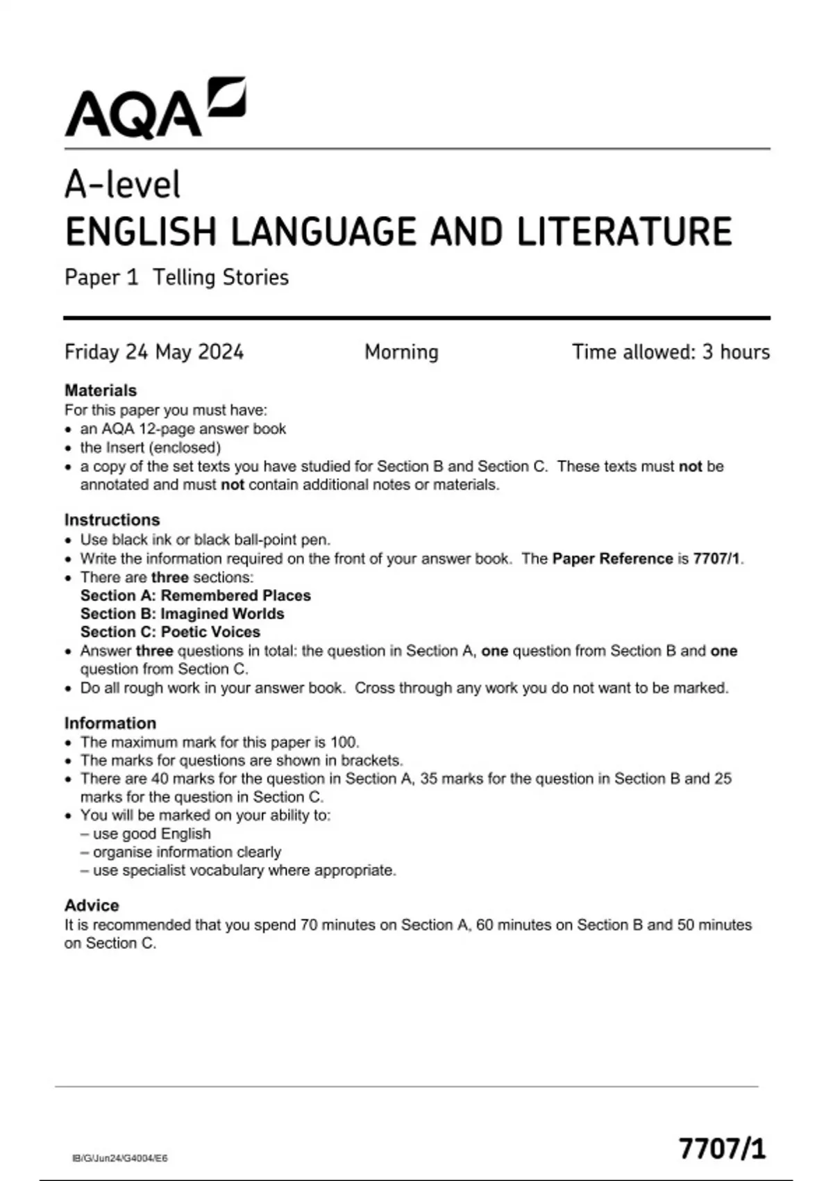AQA A-level ENGLISH LANGUAGE AND LITERATURE Paper 1 and 2 JUNE 2024 ...