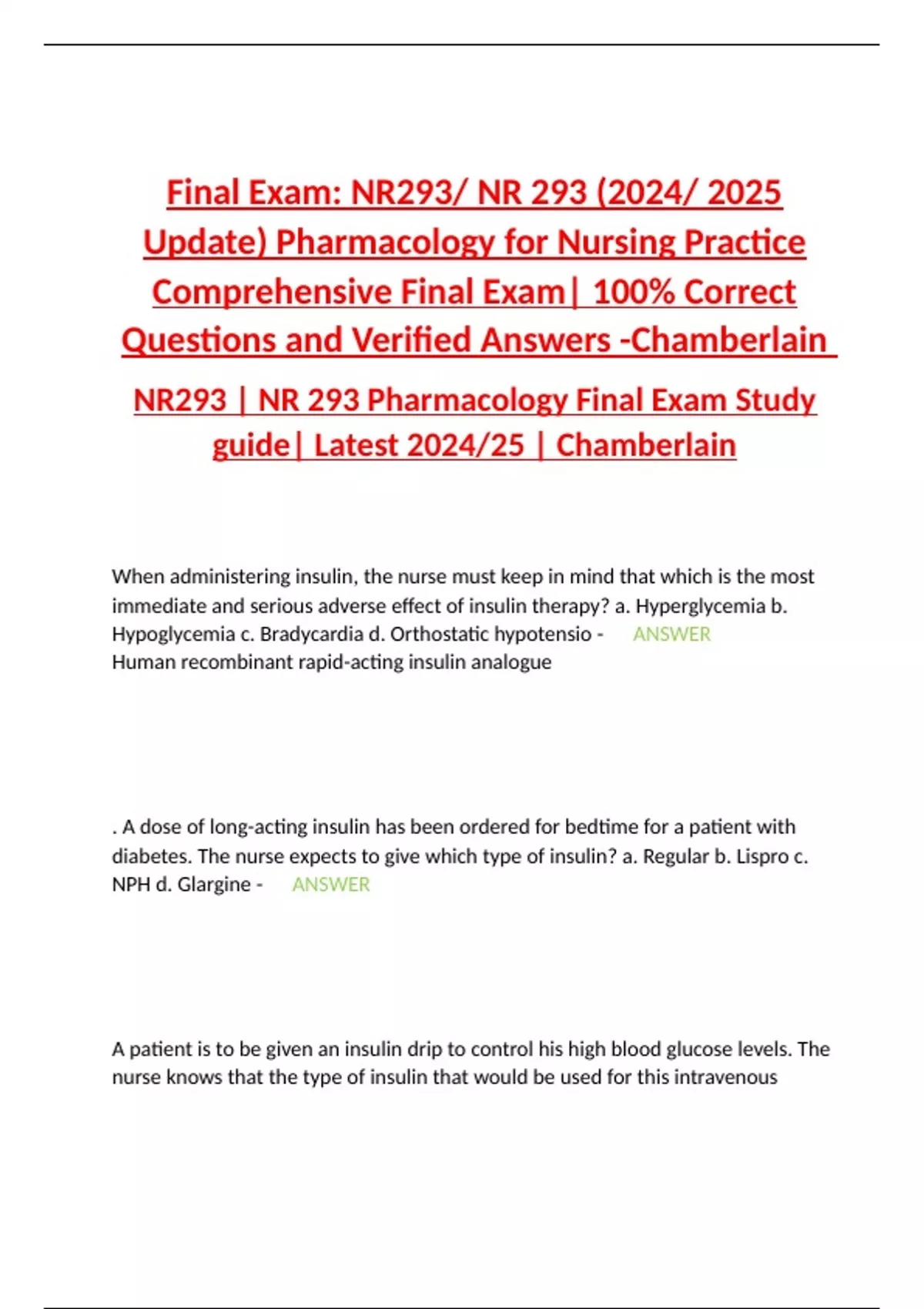 Final Exam: NR293/ NR 293 (2024/ 2025 Update) Pharmacology for Nursing Practice Comprehensive ...