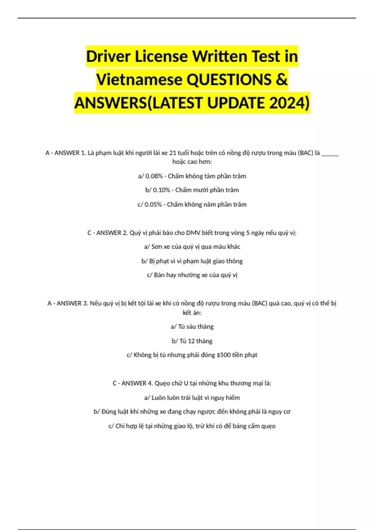 Driver License Written Test in Vietnamese QUESTIONS & ANSWERS(LATEST ...