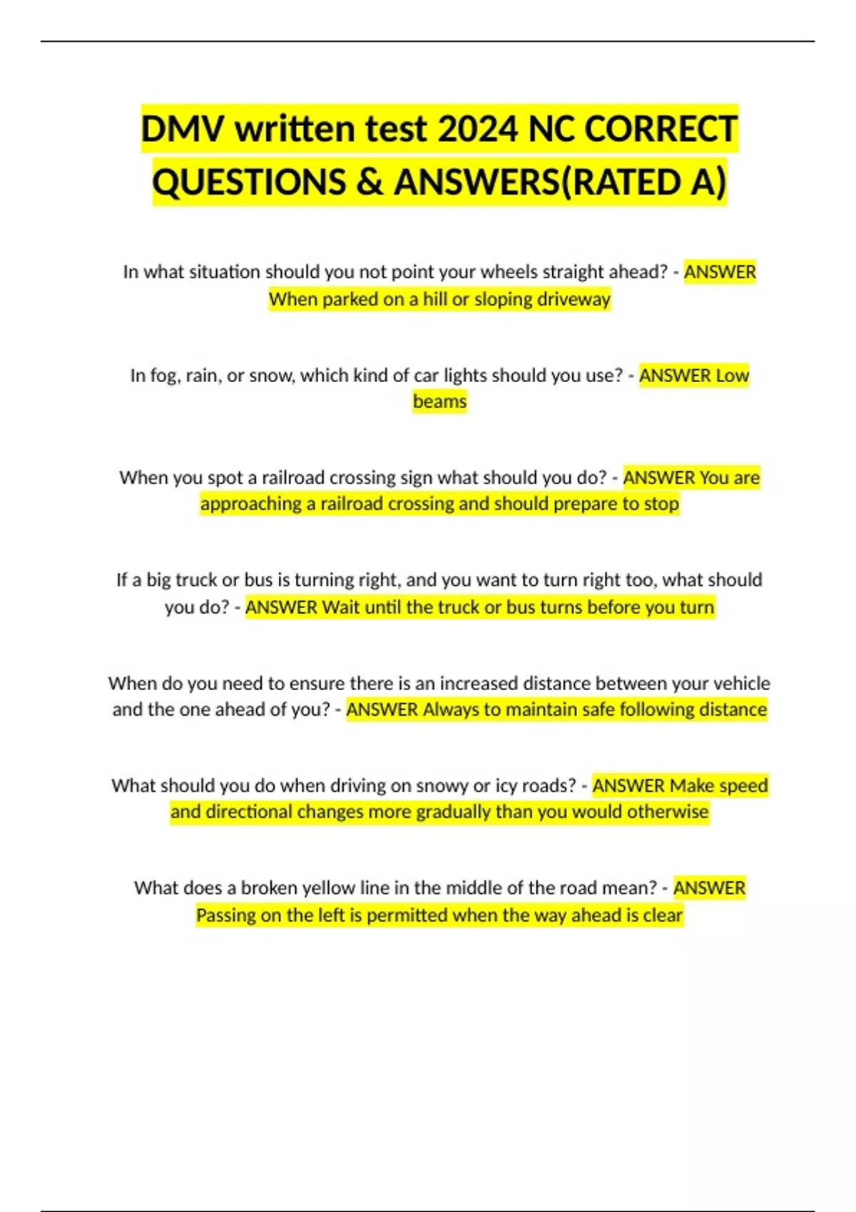 DMV written test 2024 NC CORRECT QUESTIONS & ANSWERS(RATED A) - NC DMV ...