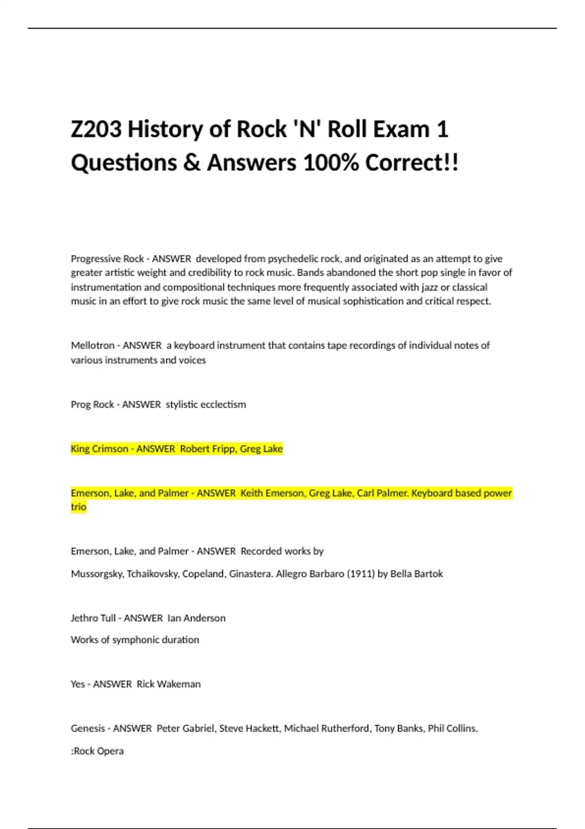 Z203 History of Rock 'N' Roll Exam 1 Questions & Answers 100% Correct!! - Z203 History of Rock ...