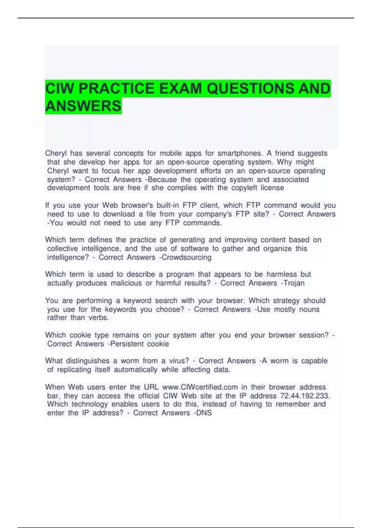 CIW PRACTICE EXAM QUESTIONS AND ANSWERS - CIW IBA - Stuvia US