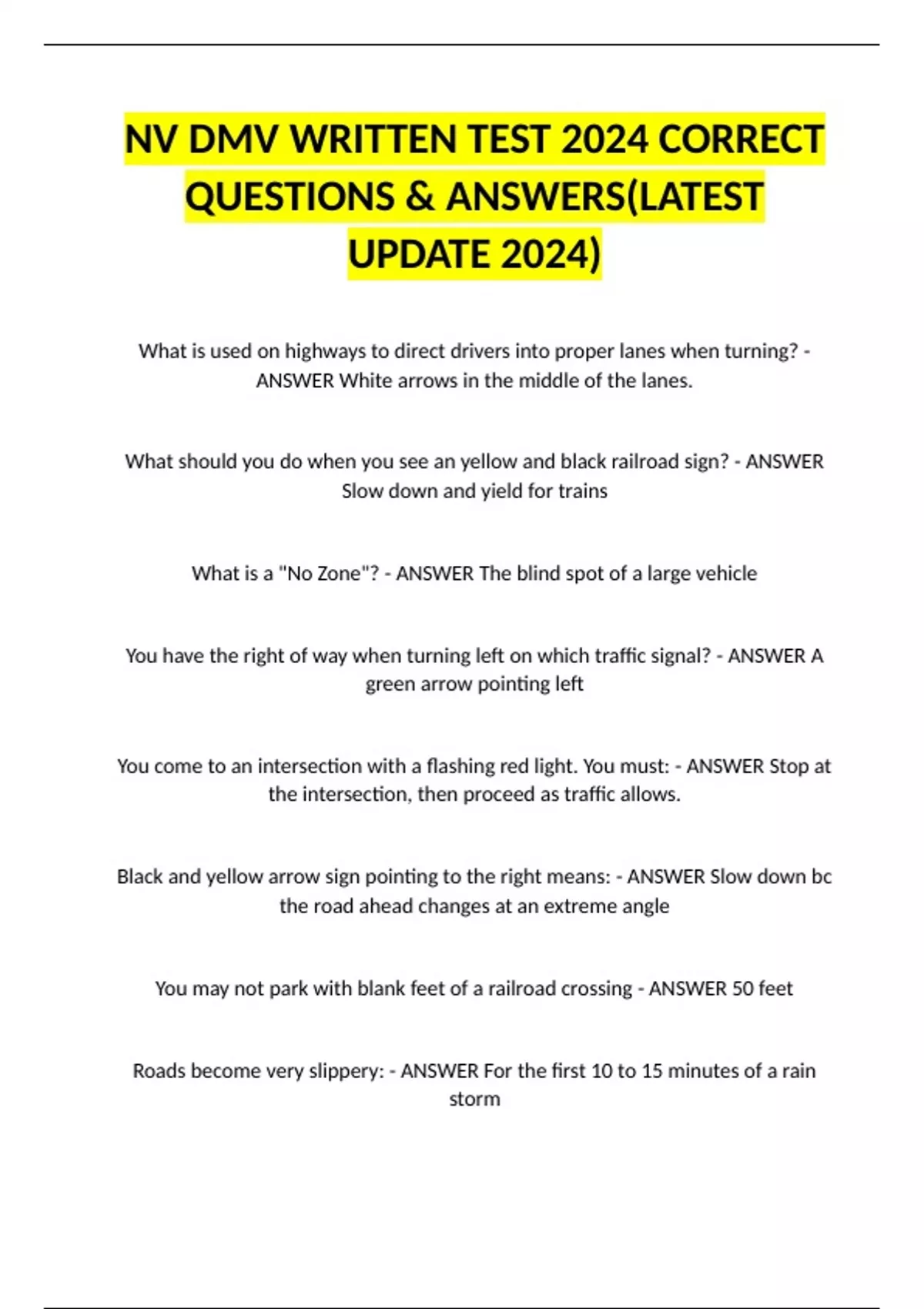 NV DMV WRITTEN TEST 2024 CORRECT QUESTIONS & ANSWERS(LATEST UPDATE 2024 ...