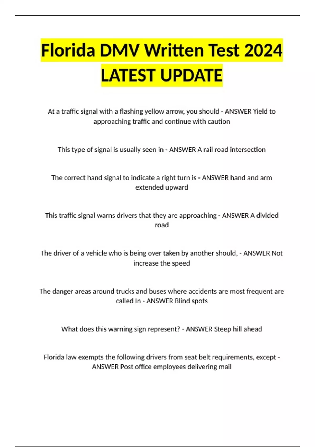 Florida DMV Written Test 2024 LATEST UPDATE - Florida DMV - Stuvia US