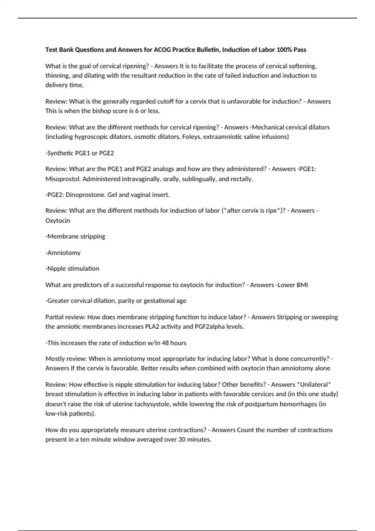 Test Bank Questions and Answers for ACOG Practice Bulletin, Induction ...