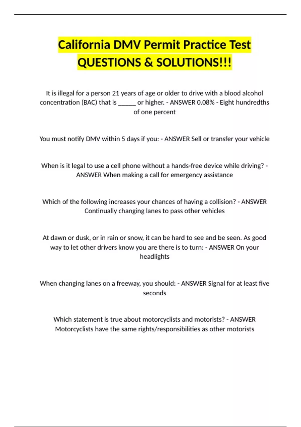 California DMV Permit Practice Test QUESTIONS & SOLUTIONS ...