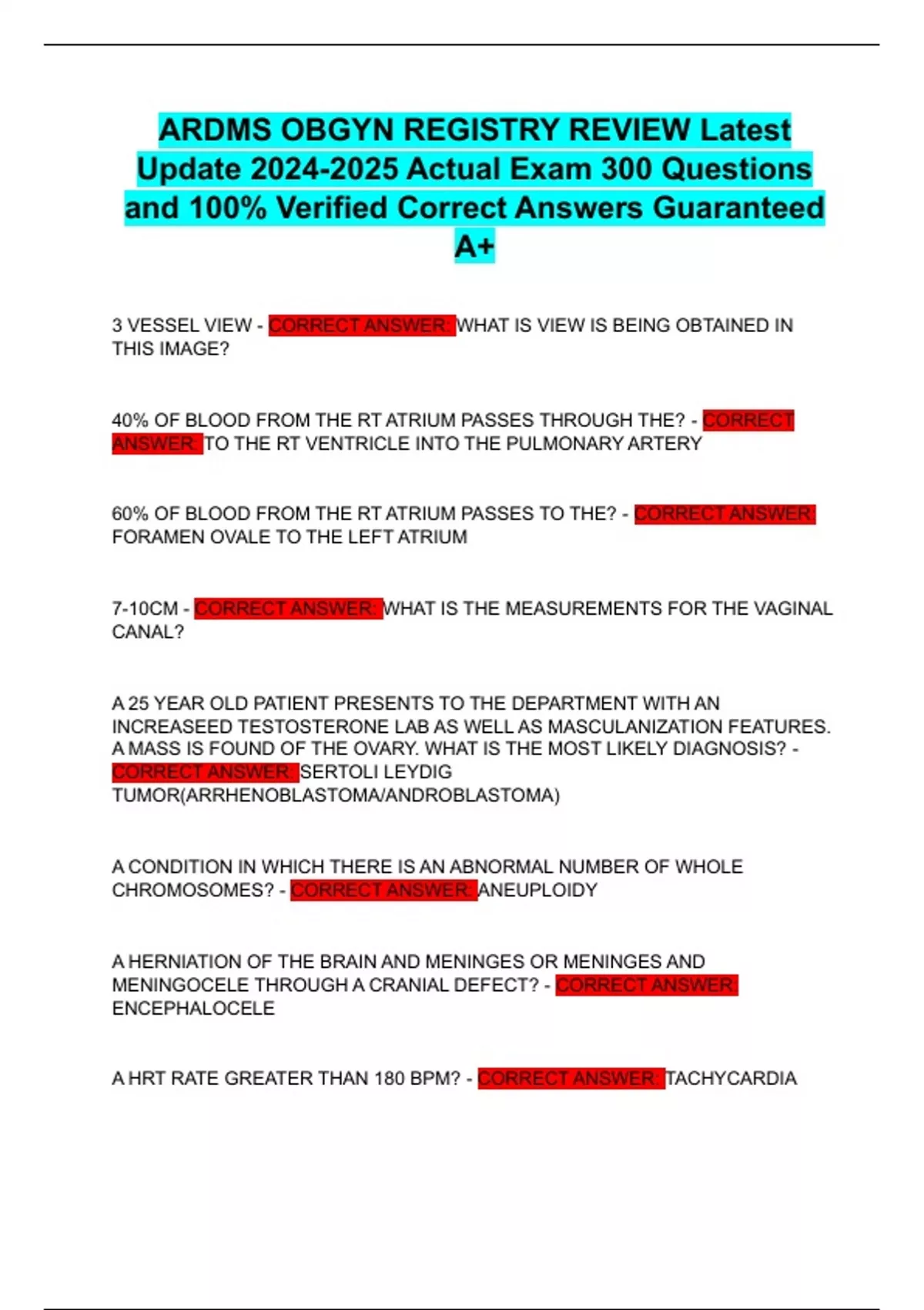 ARDMS OBGYN REGISTRY REVIEW Latest Update Actual Exam 300 Questions and ...