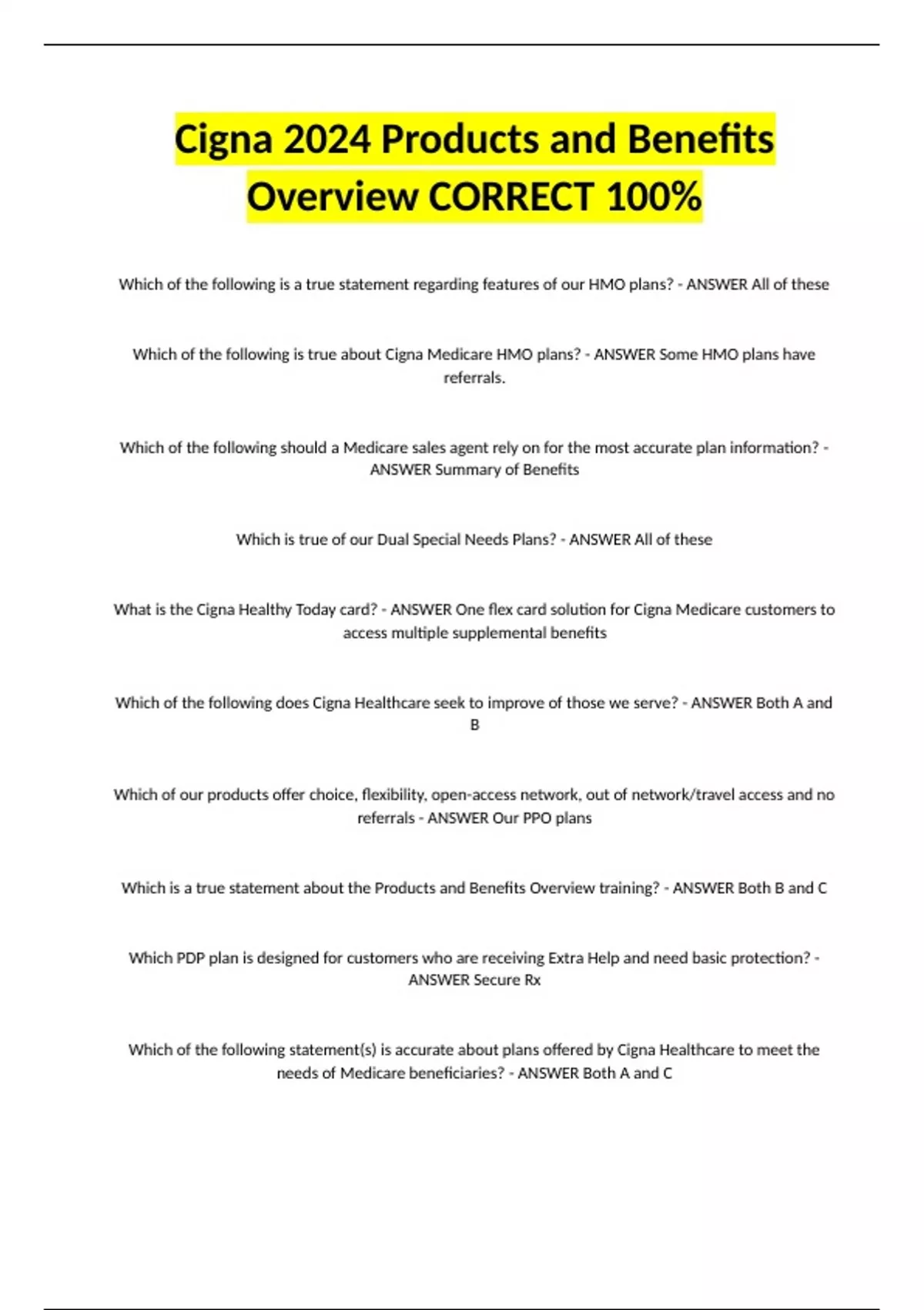 Cigna 2024 Products and Benefits Overview CORRECT 100% - Cigna - Stuvia US