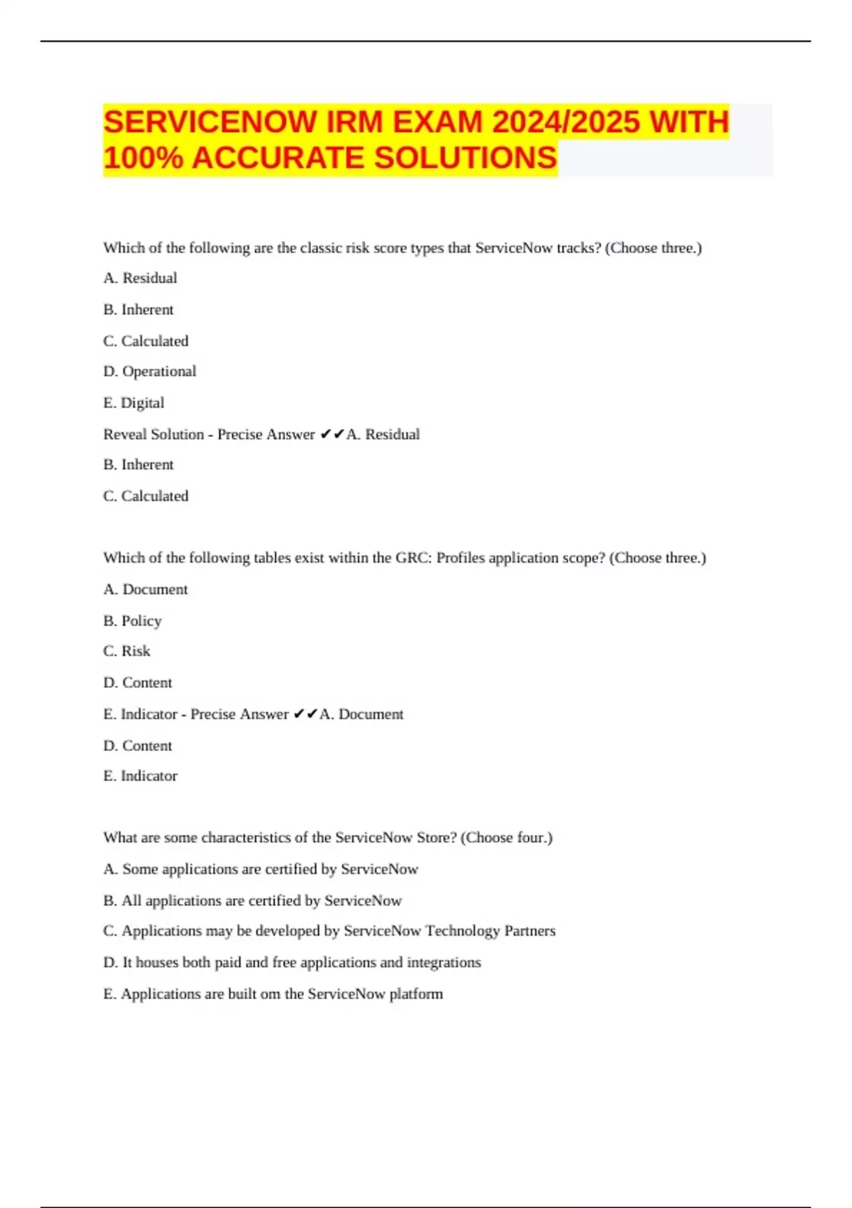 SERVICENOW IRM EXAM 2024/2025 WITH 100% ACCURATE SOLUTIONS - SERVICENOW ...