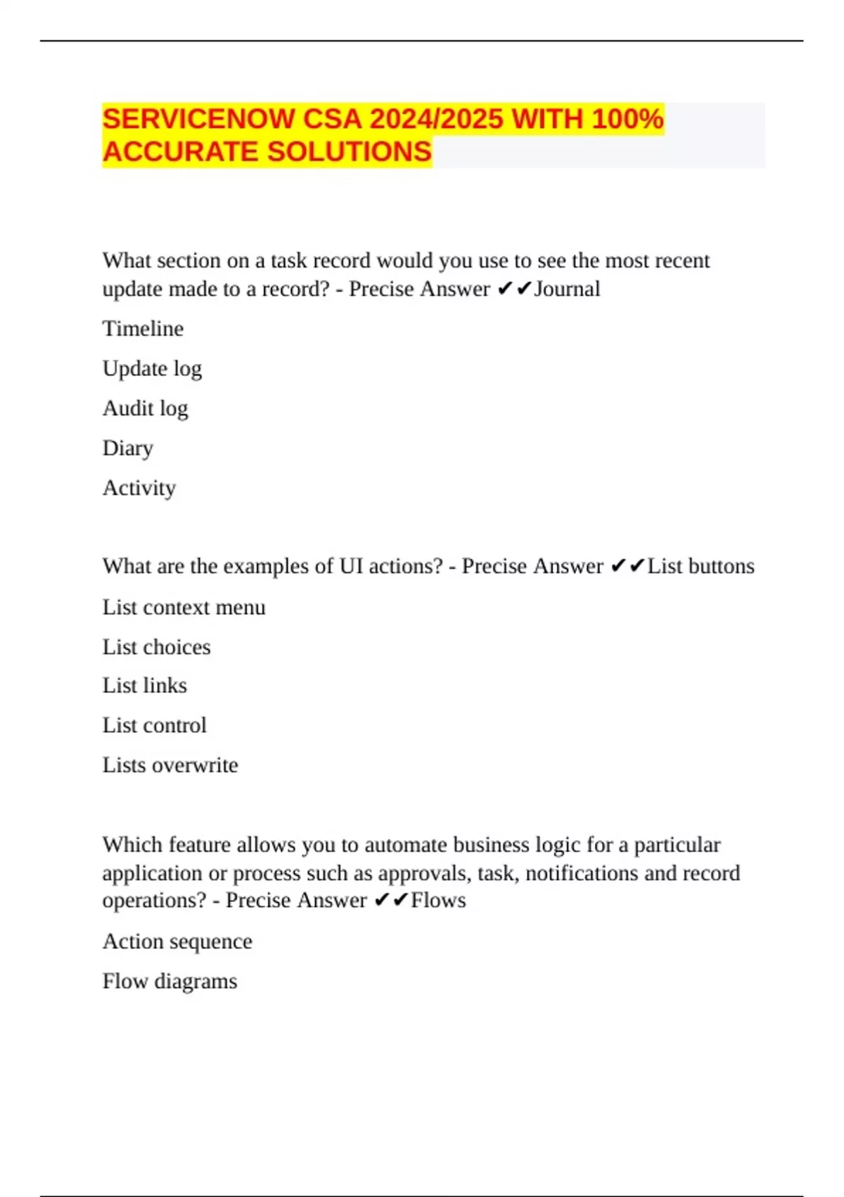 SERVICENOW CSA 2024/2025 WITH 100% ACCURATE SOLUTIONS - SERVICENOW CSA ...