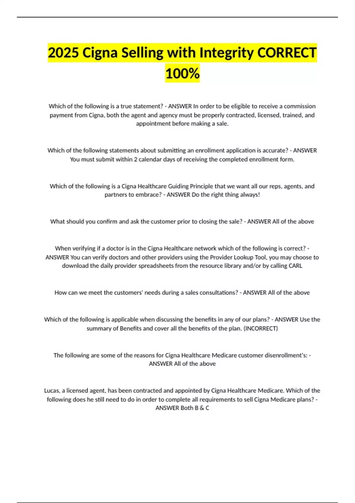 2025 Cigna Selling with Integrity CORRECT 100% - Cigna - Stuvia US