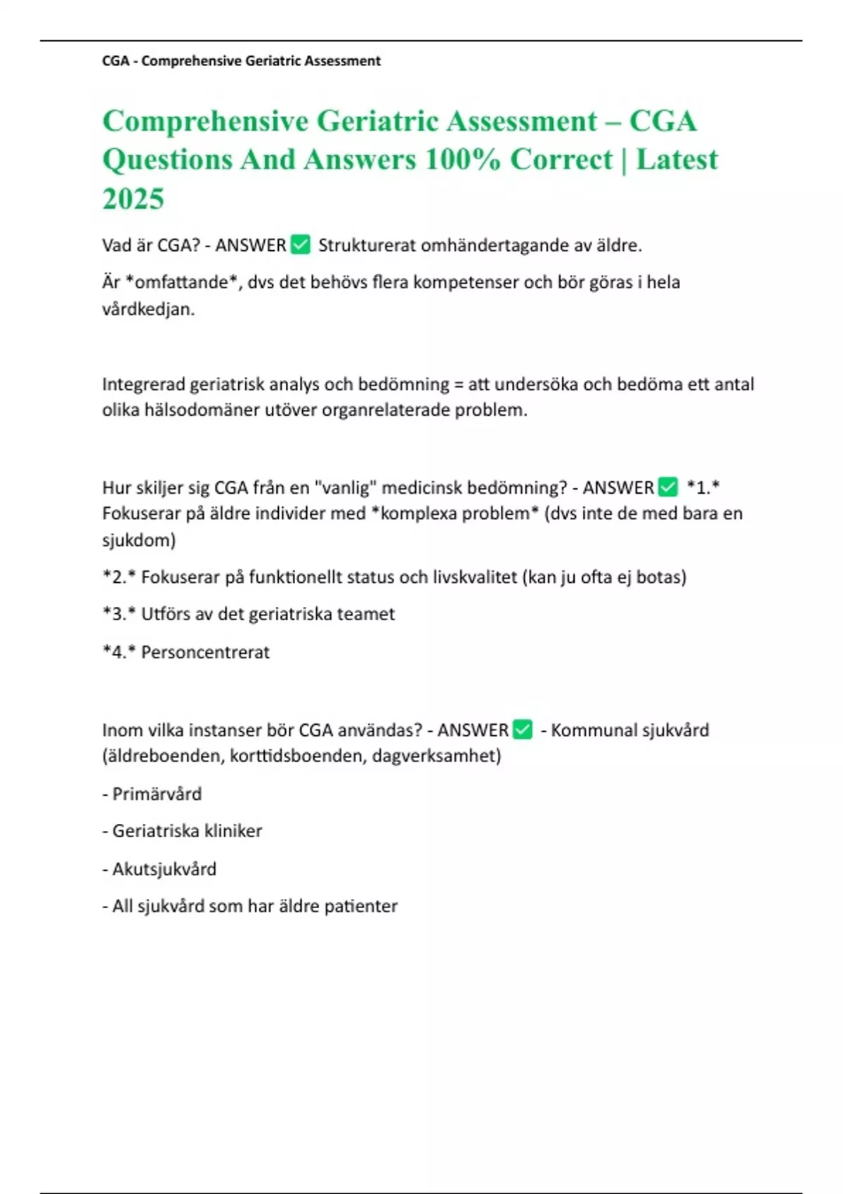 Comprehensive Geriatric Assessment – CGA Questions And Answers 100% ...