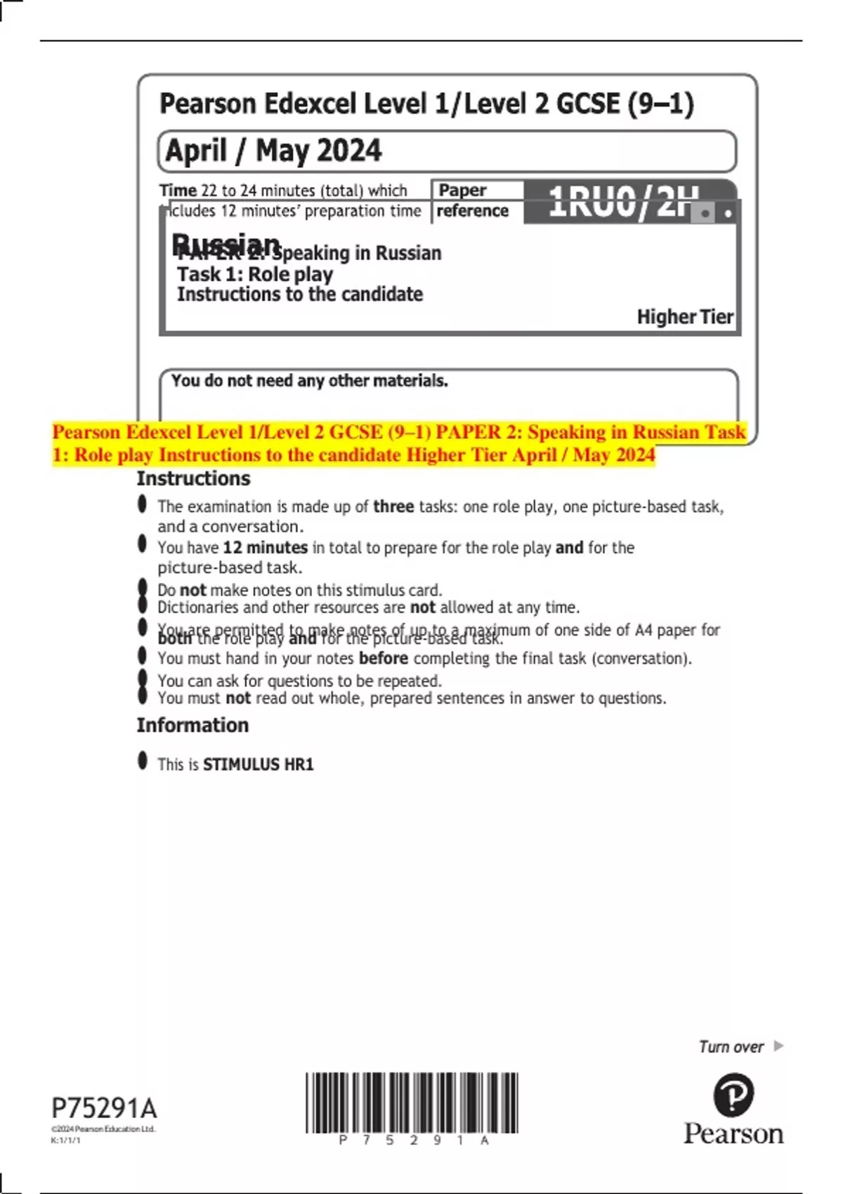 Pearson Edexcel Level 1/Level 2 GCSE (9–1) PAPER 2: Speaking in Russian ...
