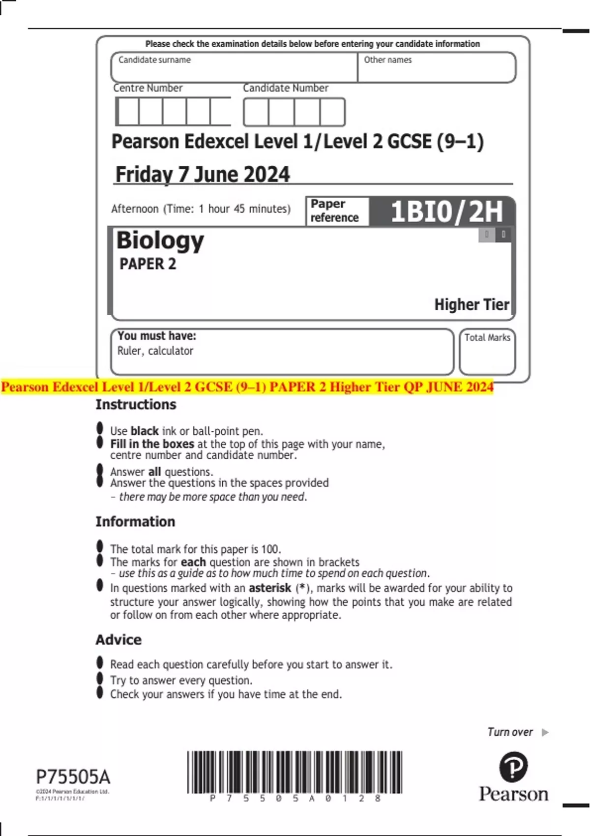 Pearson Edexcel Level 1/Level 2 GCSE (9–1) PAPER 2 Higher Tier QP JUNE ...