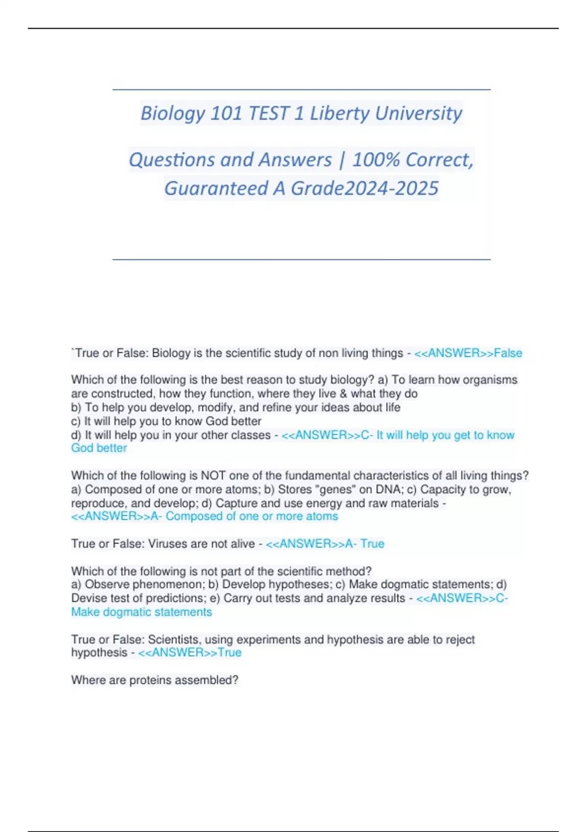 Biology 101 TEST 1 Liberty University Questions and Answers | 100% ...