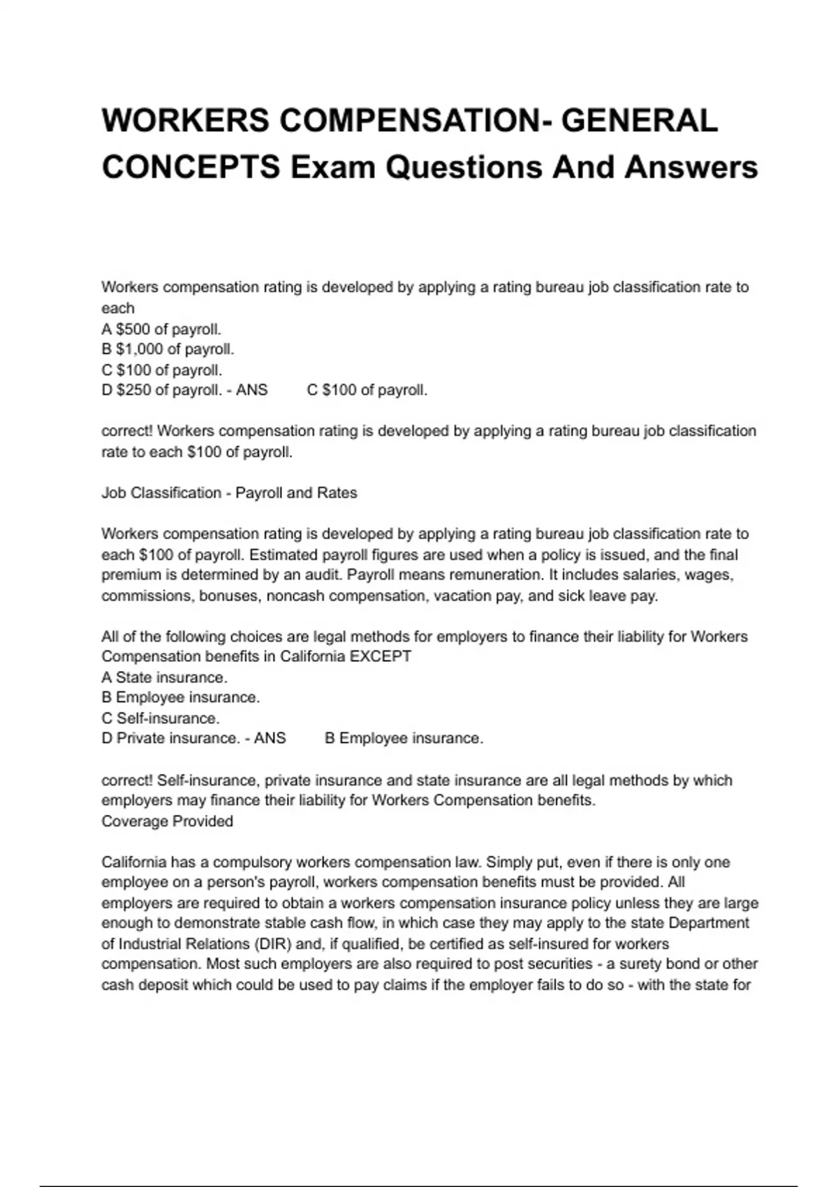 WORKERS COMPENSATION- GENERAL CONCEPTS Exam Questions And Answers ...