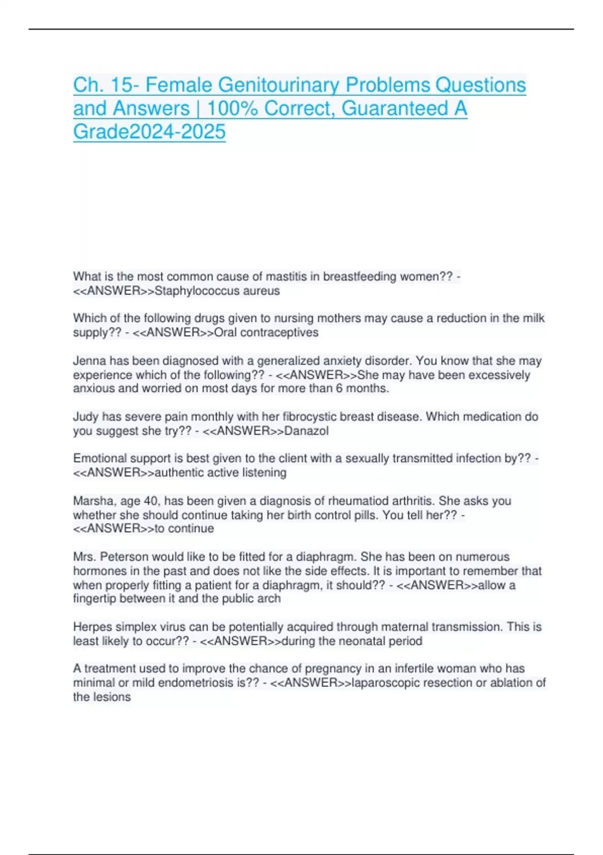 Ch. 15- Female Genitourinary Problems Questions and Answers | 100% ...