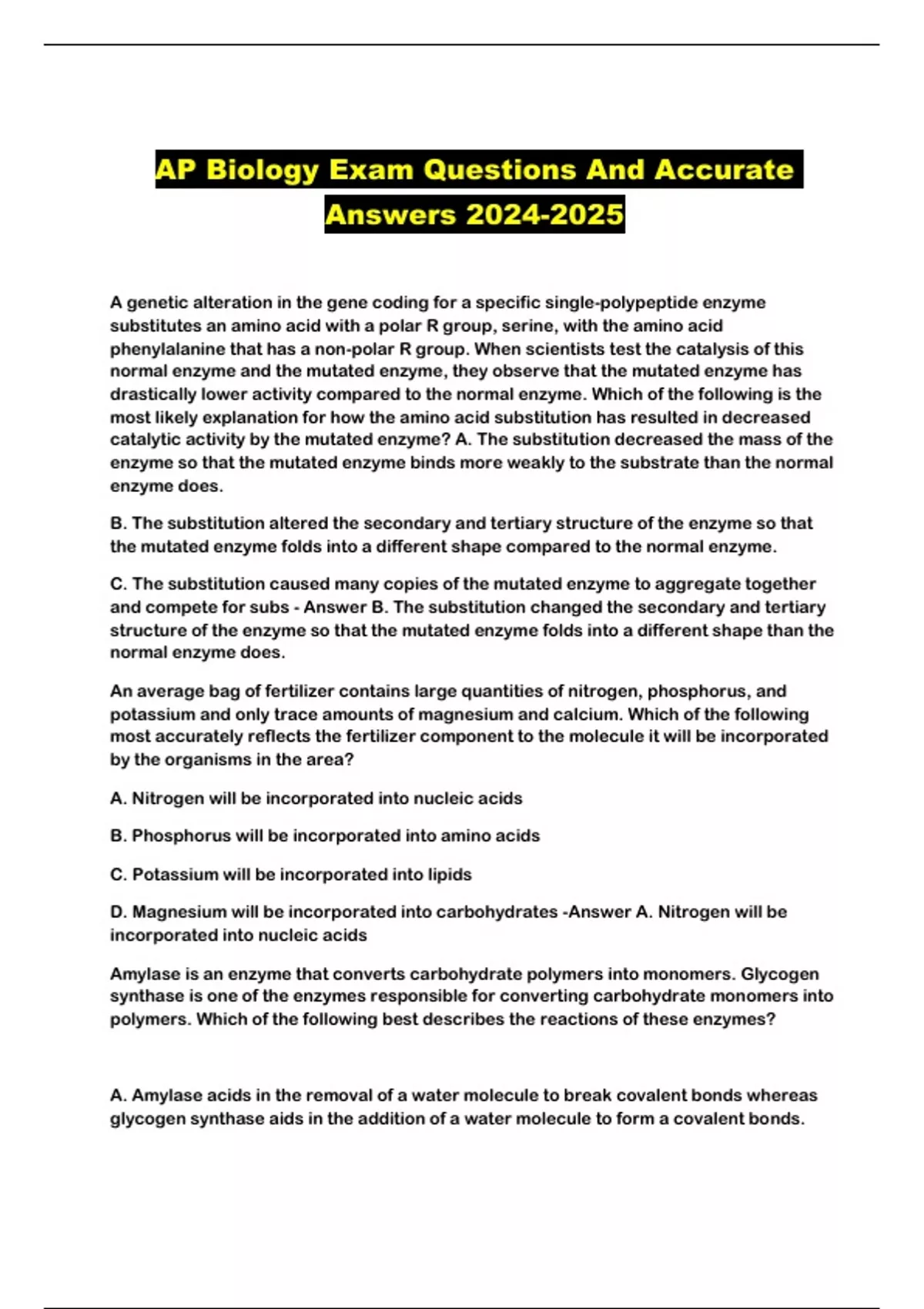 AP Biology Exam Questions And Accurate Answers - AP Biology - Stuvia US