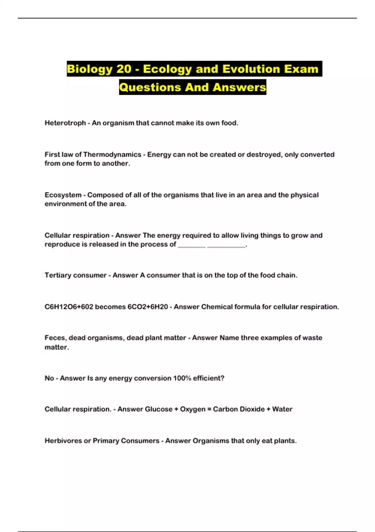 Biology 20 - Ecology and Evolution Exam Questions And Answers - Biology ...