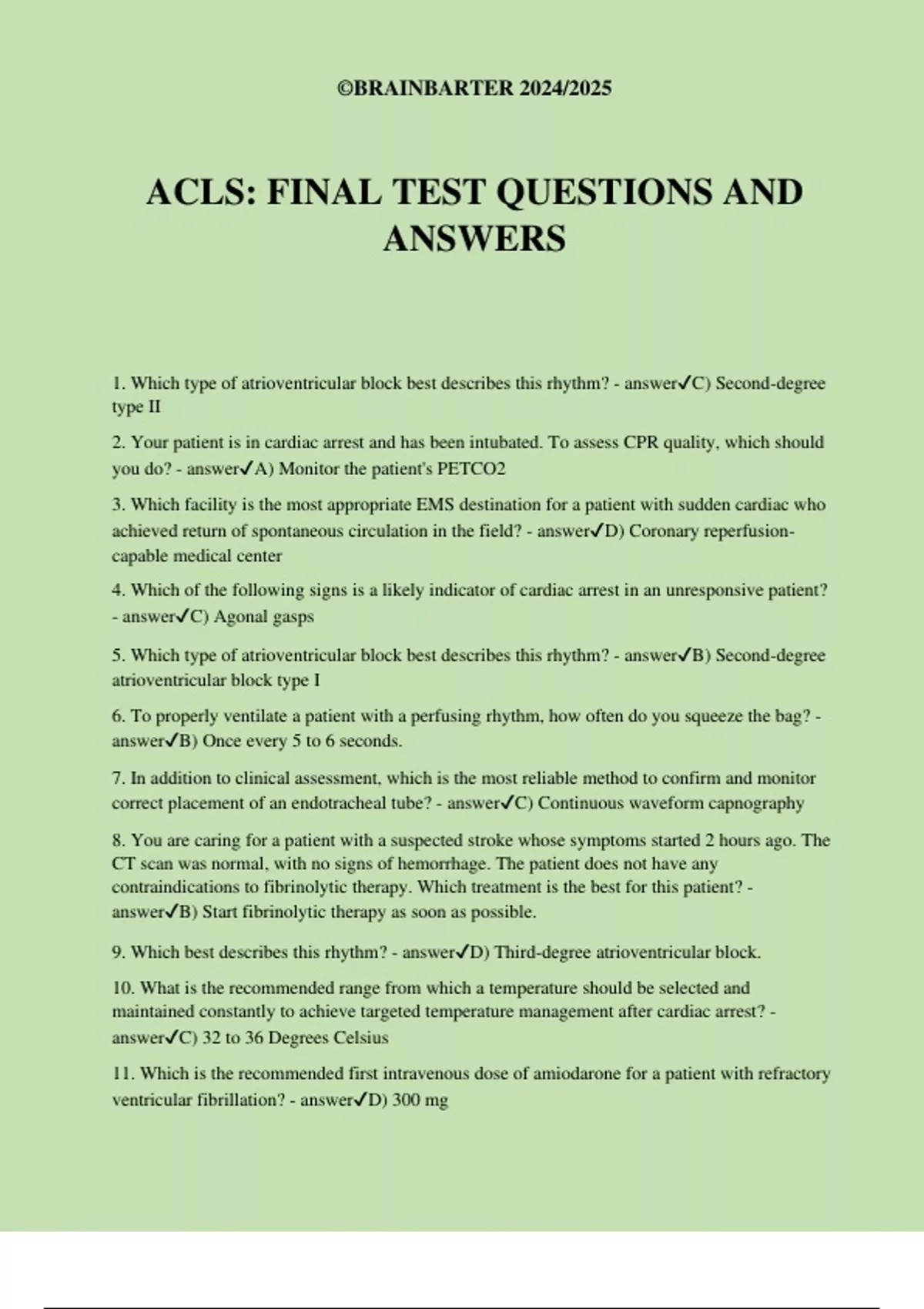 ACLS: FINAL TEST QUESTIONS AND ANSWERS - ACLS - Stuvia US
