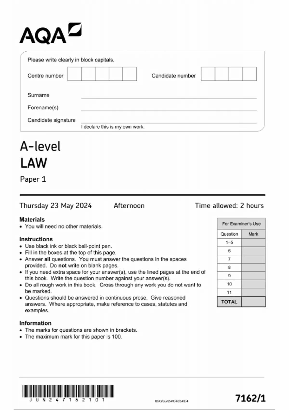 AQA A LEVEL LAW PAPER 1 QUESTION PAPER 2024 (7162/1) - 2024 AQA A LEVEL ...