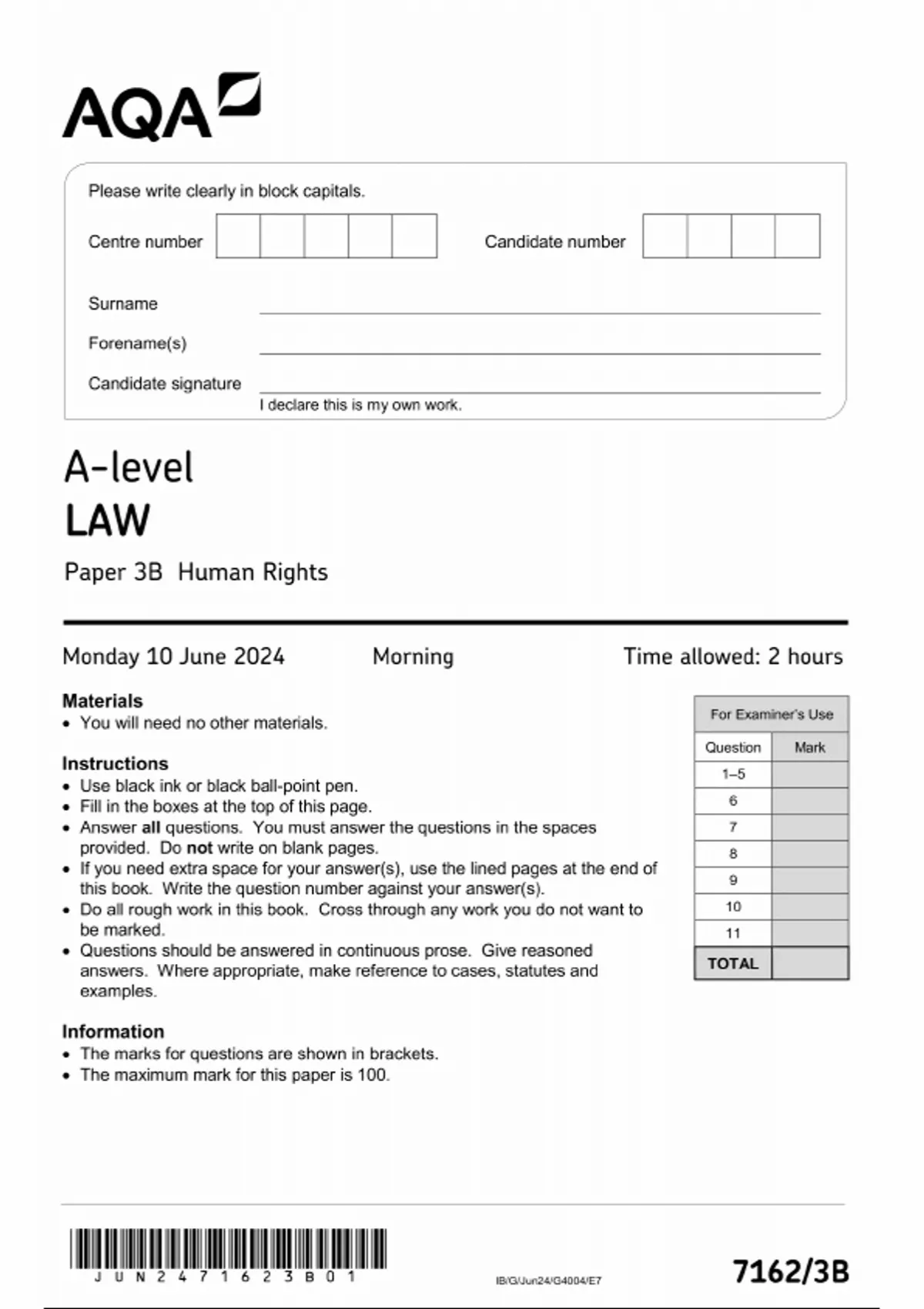 AQA A LEVEL LAW PAPER 3B QUESTION PAPER 2024 (7162/3B: Human Rights ...