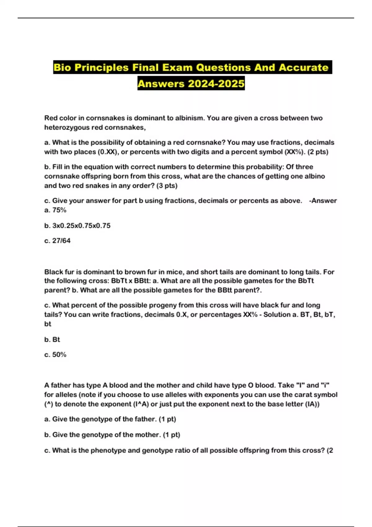 Bio Principles Final Exam Questions And Accurate Answers - Bio ...