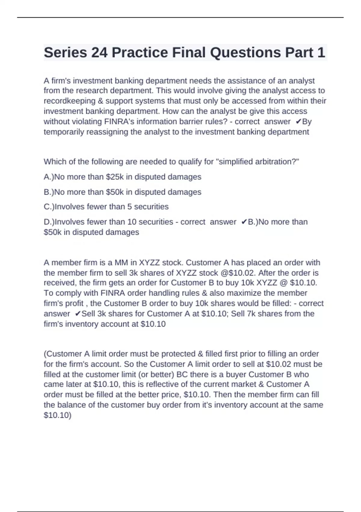 Series 24 Practice Final Questions Part 1 Question and answers correctly solved 2024/2025 ...