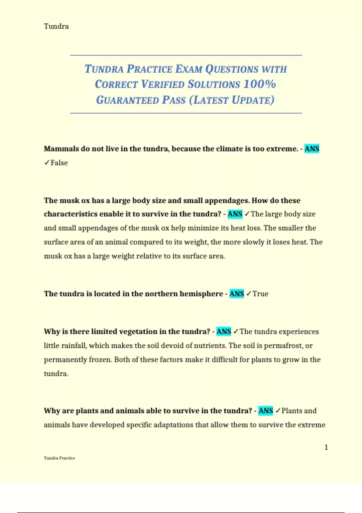 TUNDRA PRACTICE EXAM QUESTIONS WITH CORRECT VERIFIED SOLUTIONS 100% ...