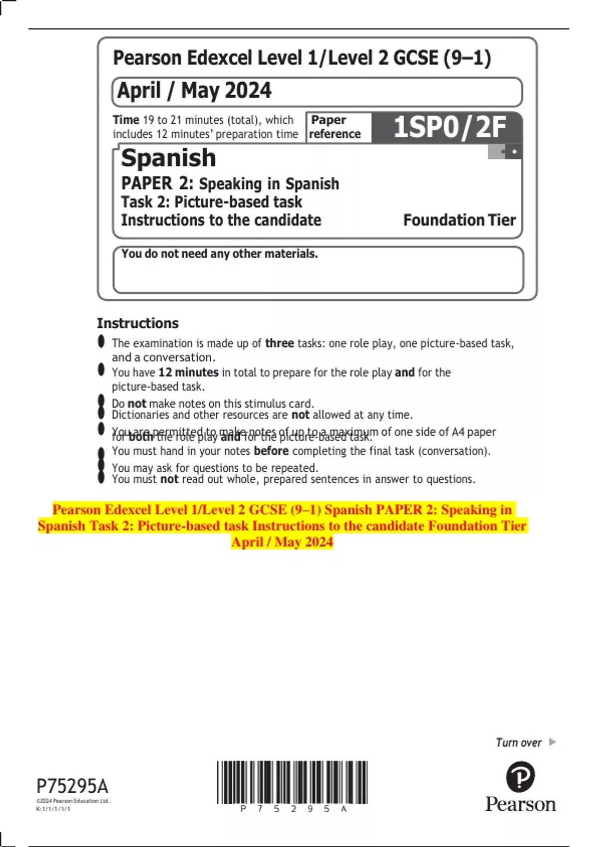 Pearson Edexcel Level 1/Level 2 GCSE (9–1) Spanish PAPER 2: Speaking in ...