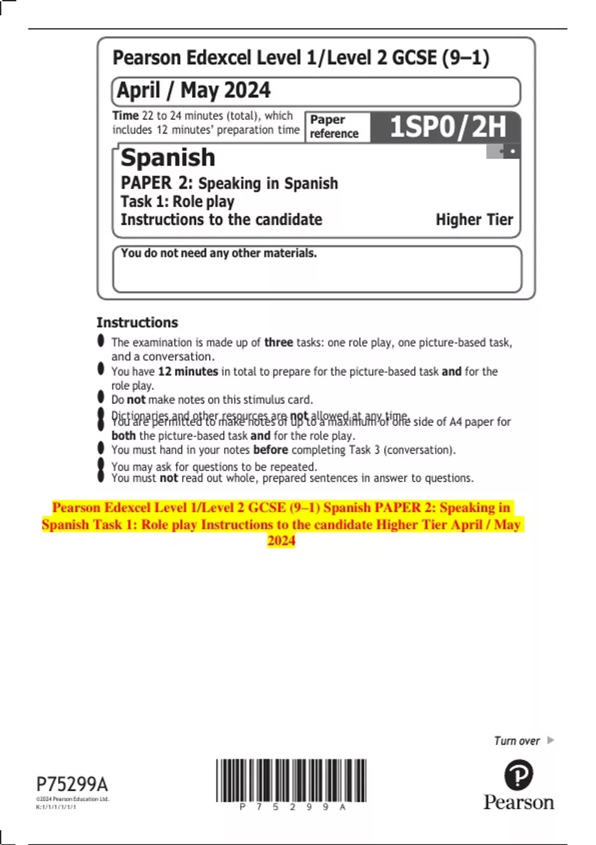 Pearson Edexcel Level 1/Level 2 GCSE (9–1) Spanish PAPER 2: Speaking in ...