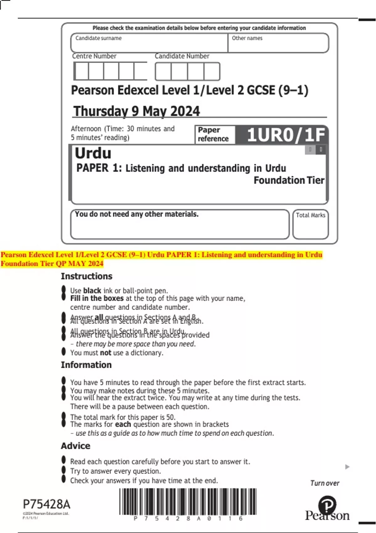 Pearson Edexcel Level 1/Level 2 GCSE (9–1) Urdu PAPER 1: Listening and ...