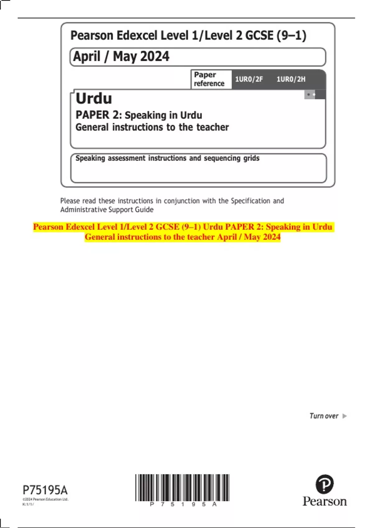 Pearson Edexcel Level 1/Level 2 GCSE (9–1) Urdu PAPER 2: Speaking in ...