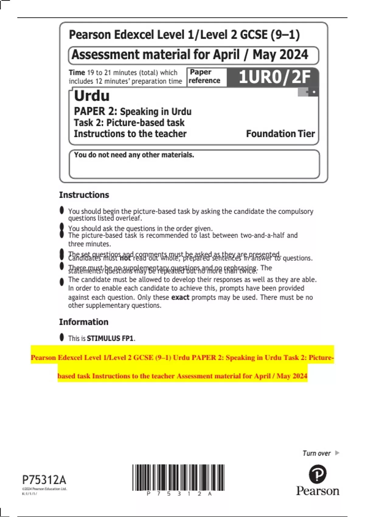 Pearson Edexcel Level 1/Level 2 GCSE (9–1) Urdu PAPER 2: Speaking in ...