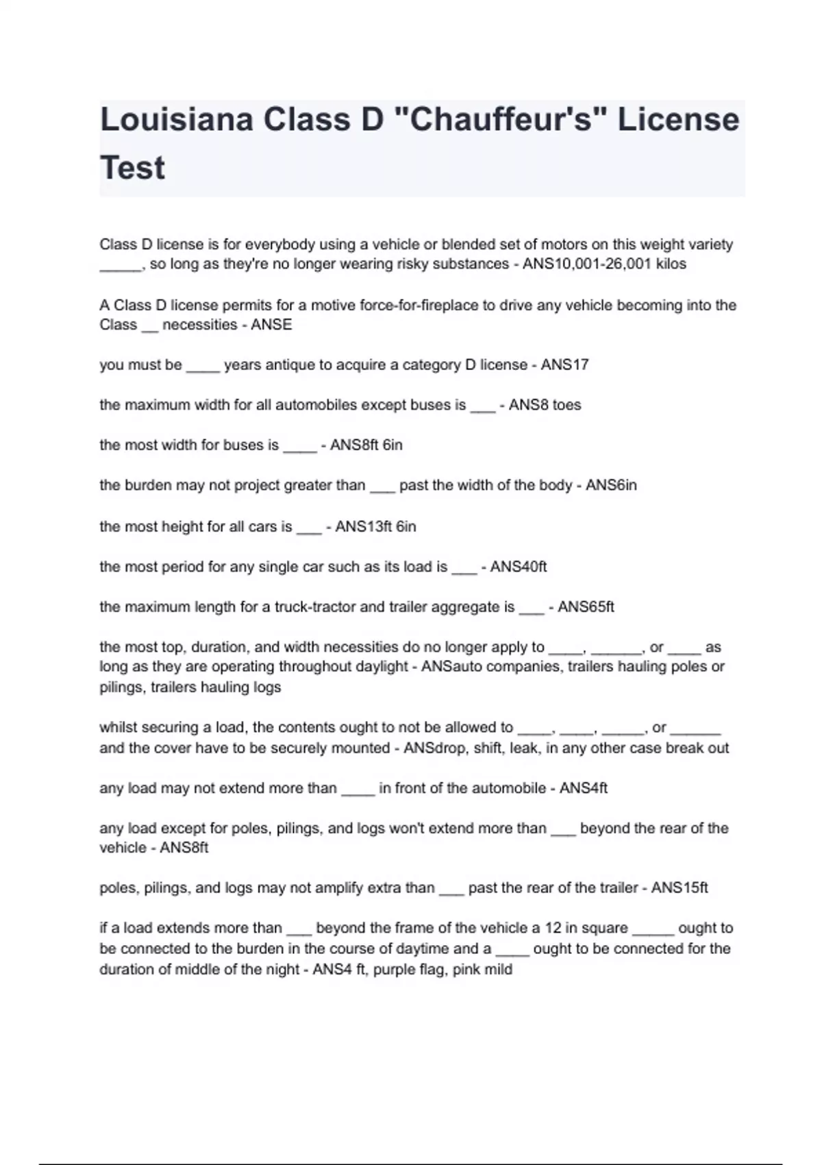 Louisiana Class D Chauffeur's License Test | Questions with 100% ...