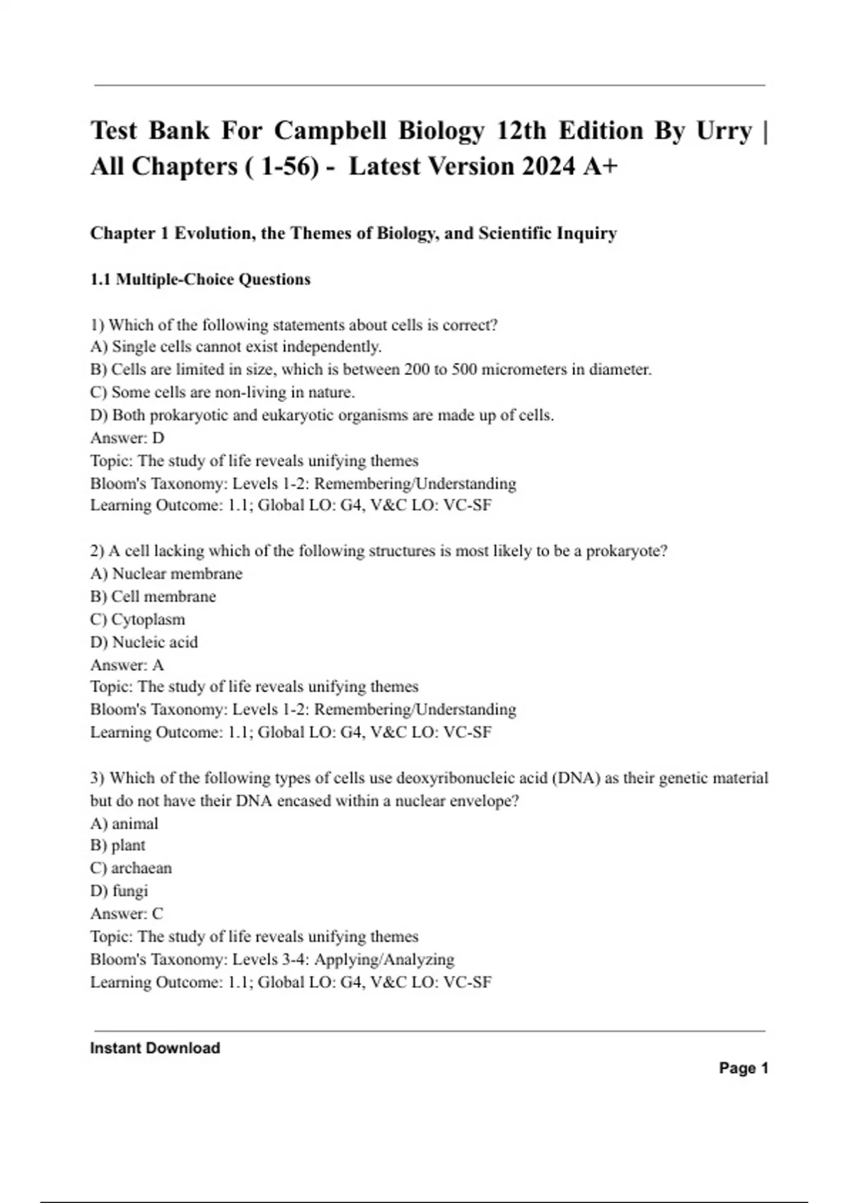 Test Bank For Campbell Biology 12th Edition By Urry | All Chapters ( 1 ...