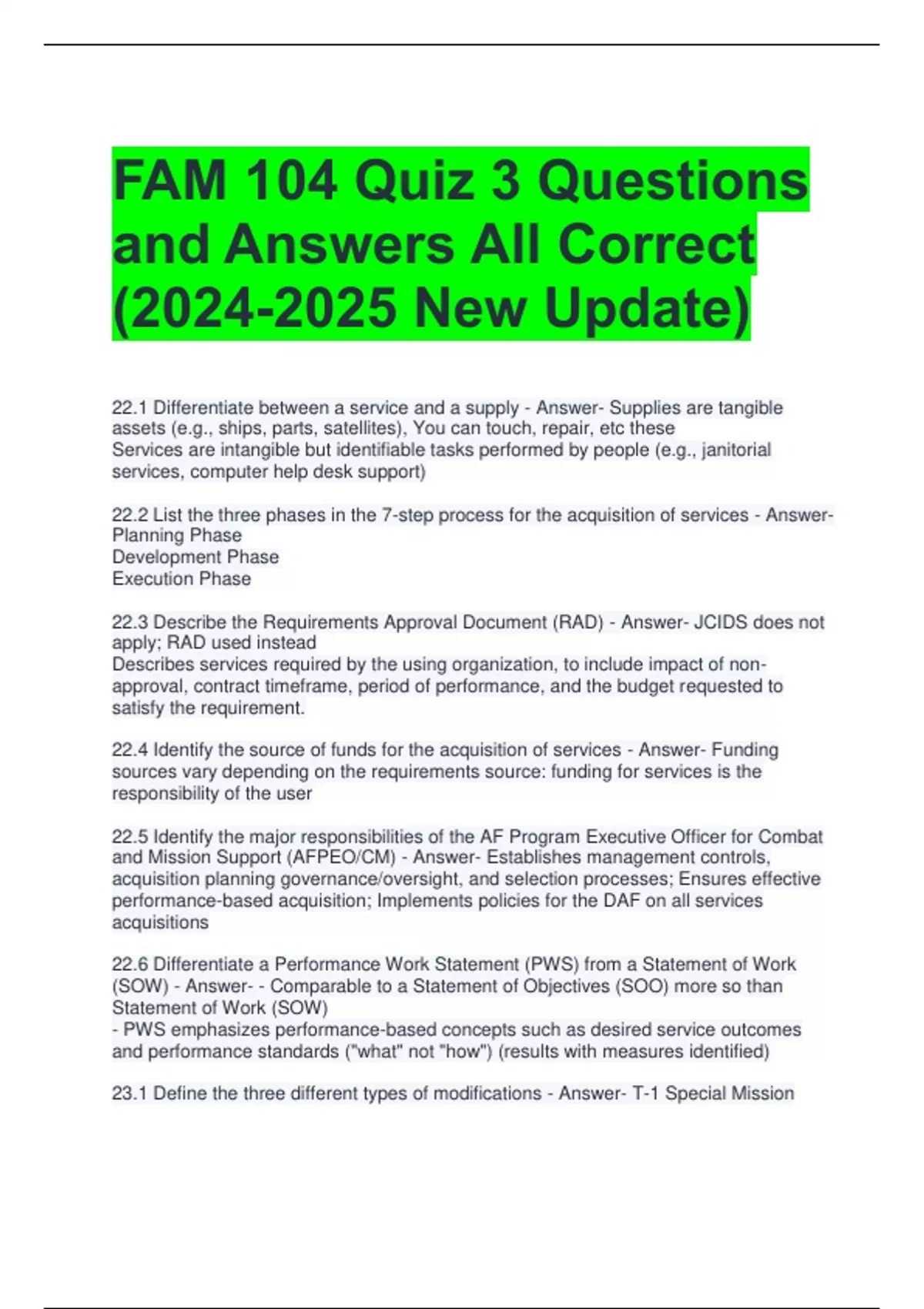 FAM 104 Quiz 3 Questions and Answers All Correct ( New Update) - FAM ...