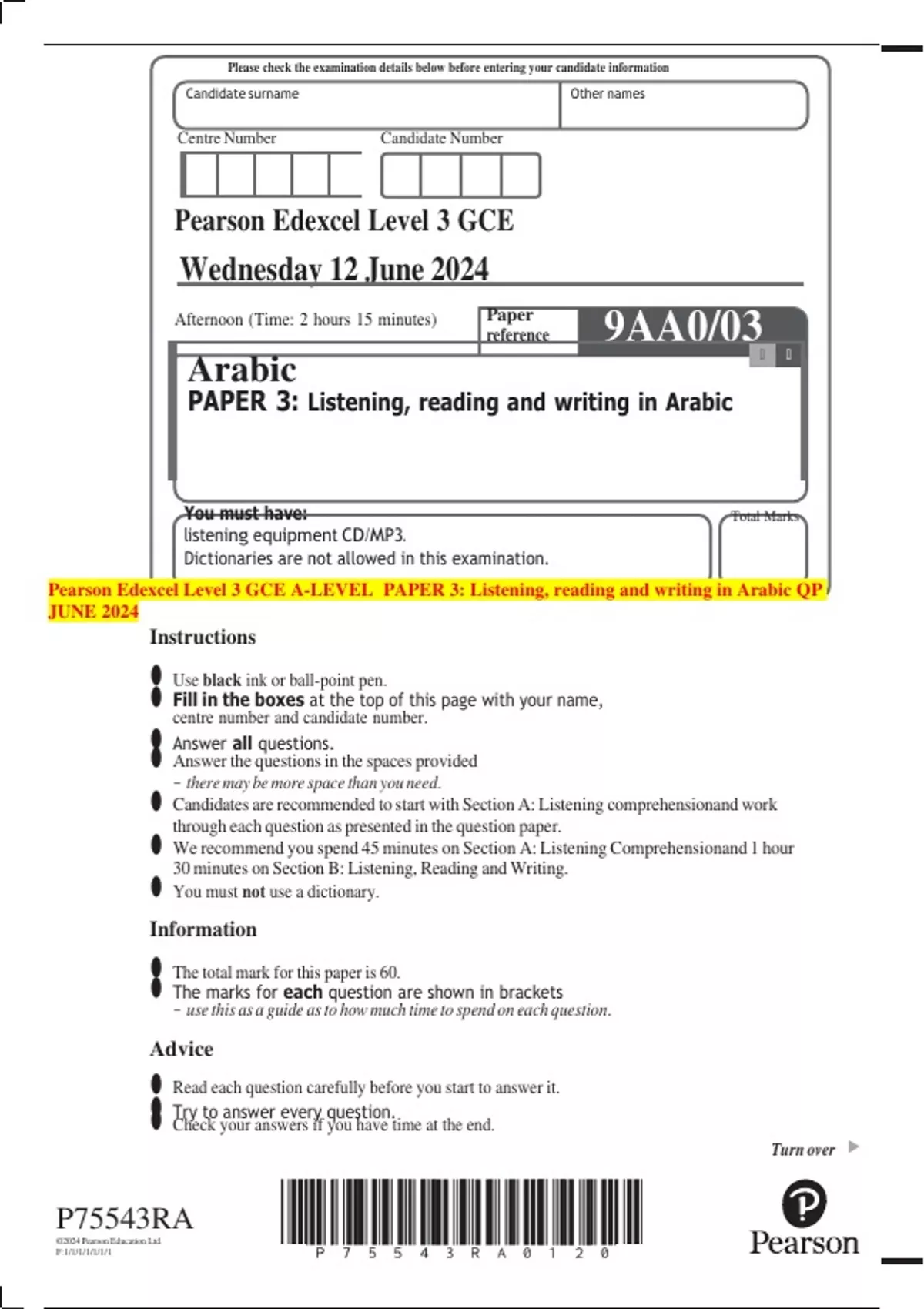 Pearson Edexcel Level 3 GCE A-LEVEL PAPER 3: Listening, reading and ...