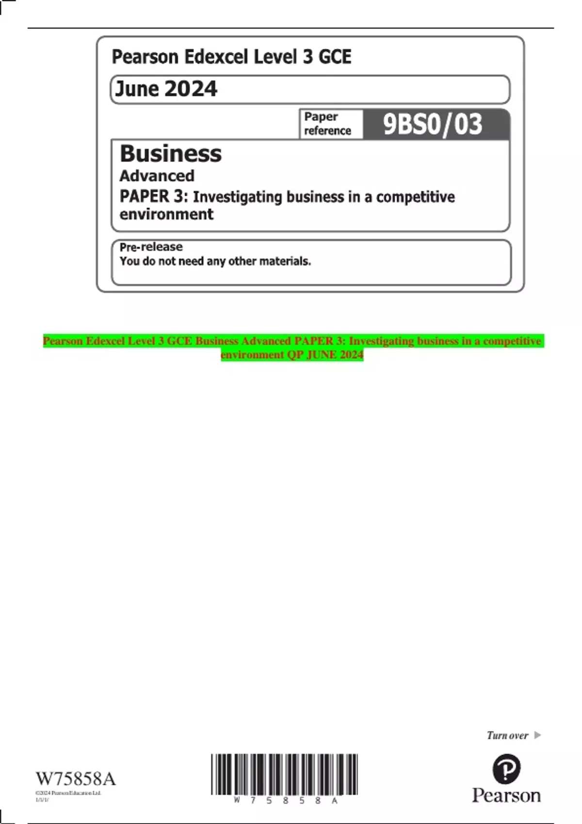 Pearson Edexcel Level 3 GCE Business Advanced PAPER 3: Investigating ...