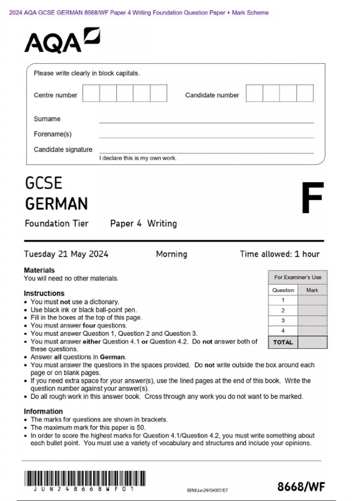 Actual 2024 AQA GCSE GERMAN 8668/WF Paper 4 Writing Foundation Tier ...