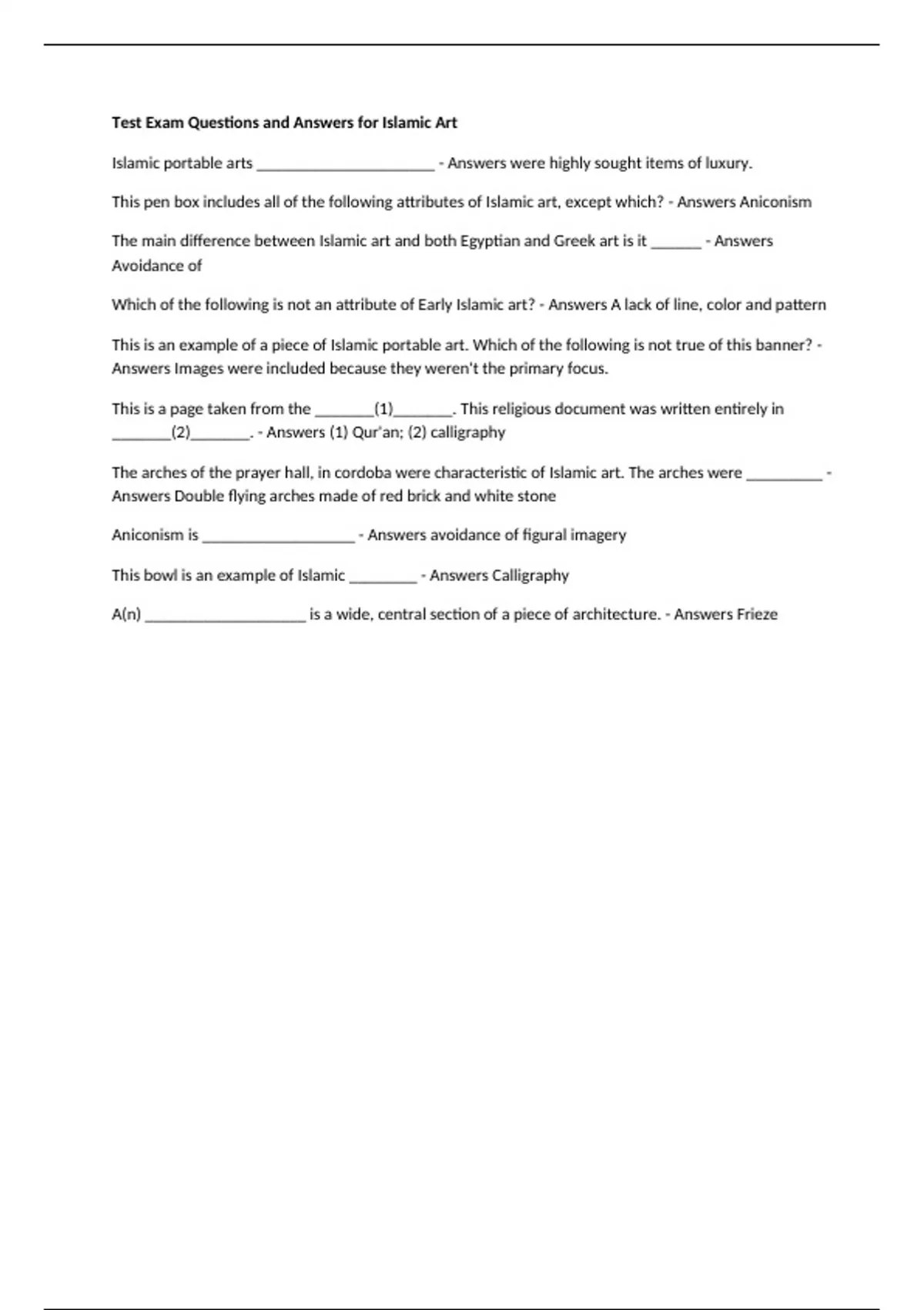 Test Exam Questions and Answers for Islamic Art - Islamic Art - Stuvia US