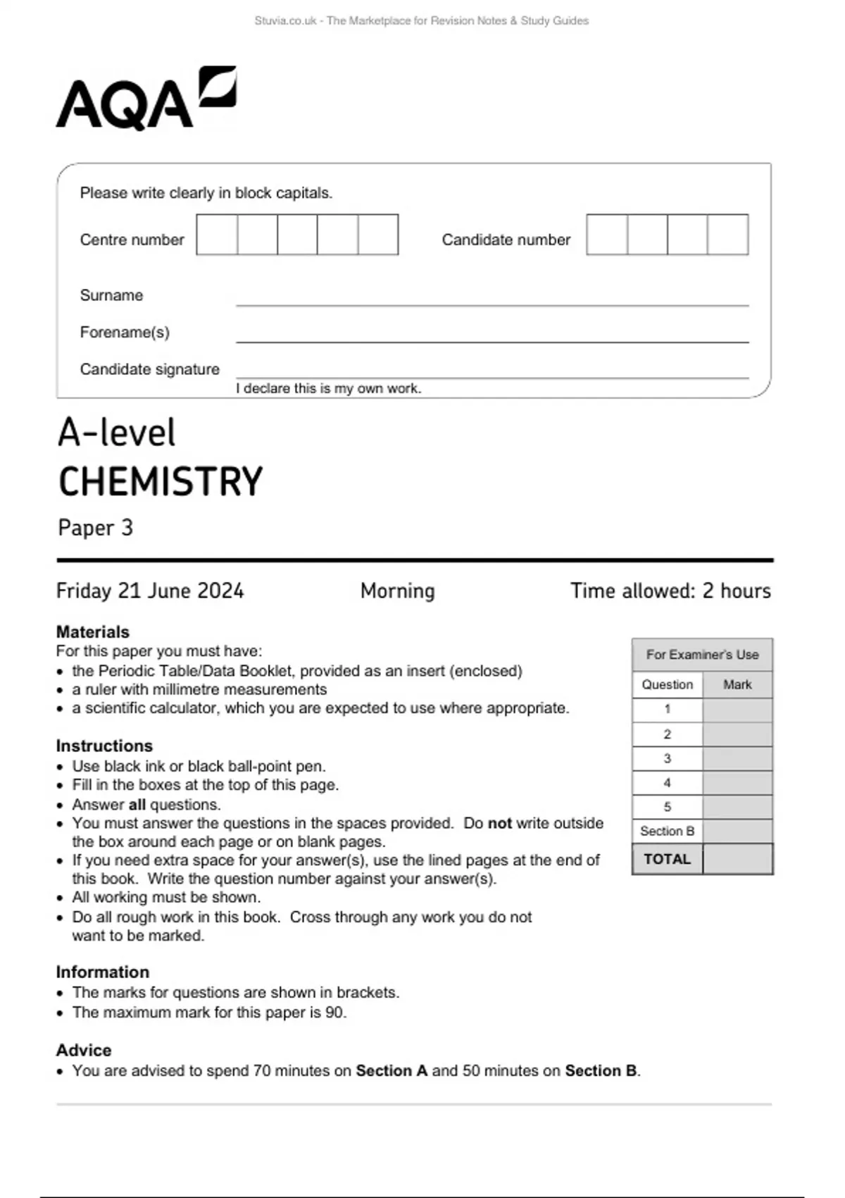 AQA A Level Chemistry Paper 3 Question Paper 2024 [VERIFIED] - Exam ...