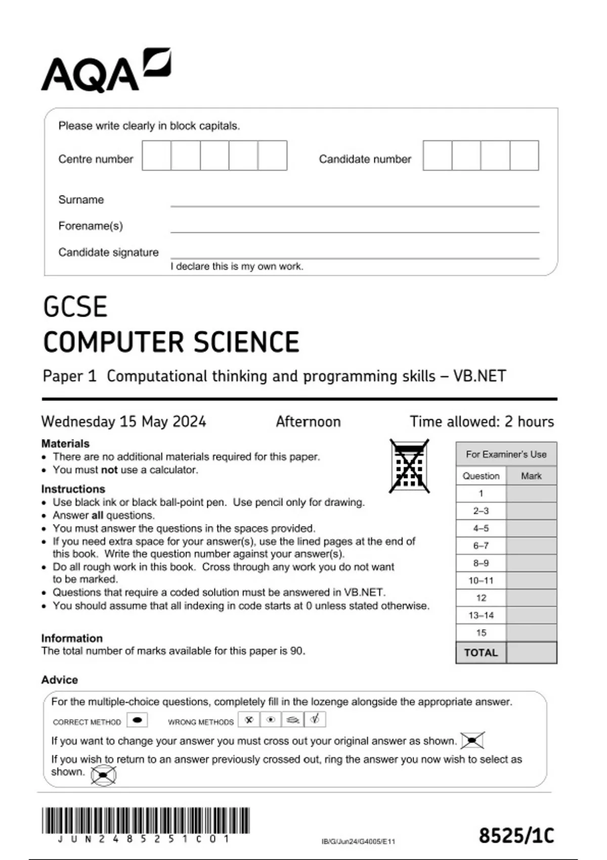 AQA GCSE COMPUTER SCIENCE Paper 1 and 2 JUNE 2024 QUESTION PAPERS AND ...